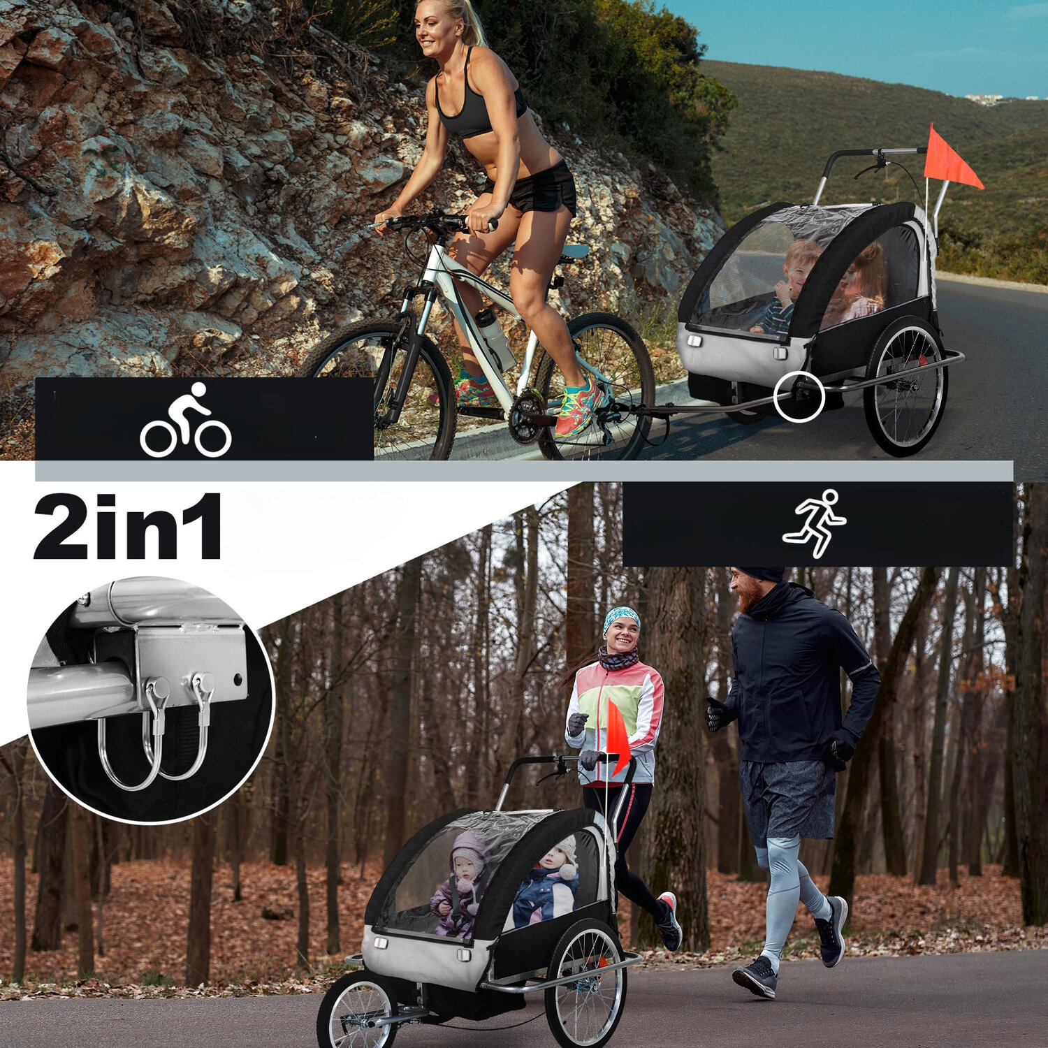 SZARA PRZYCZEPKA ROWEROWA / JOGGER 2w1 SKŁADANA PRZYCZEPA DO ROWERU ...
